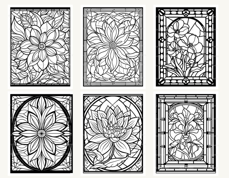 20 Stain Glass Flowers Set 2 Coloring Pages Adult Coloring Book ...