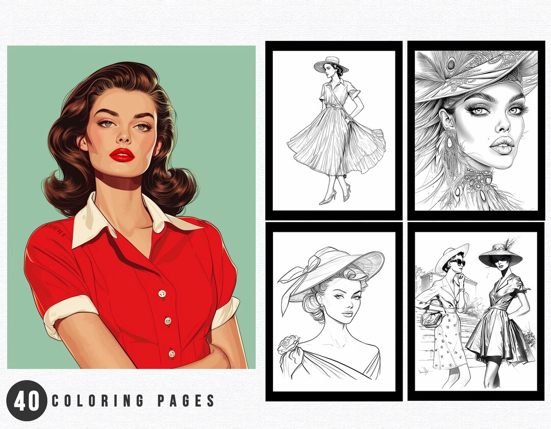 1950s Fashion Flashback 40 Gray Scale Coloring Pages Adult Coloring ...