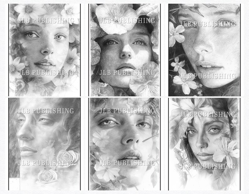 Beautiful Faces Grayscale Coloring Pages Adult Kid Coloring Book ...