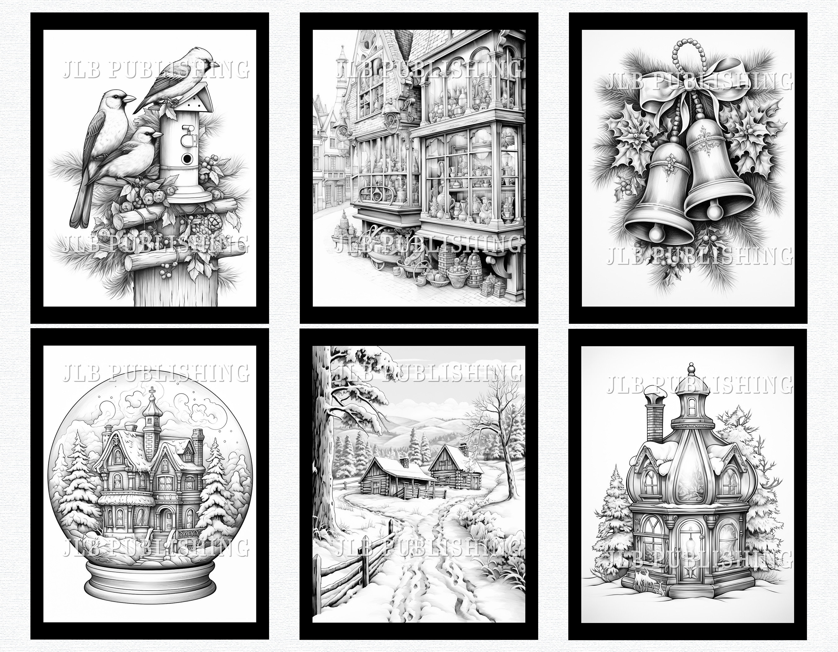 50 Grayscale Vintage Christmas Coloring Pages Adult Coloring Book ...
