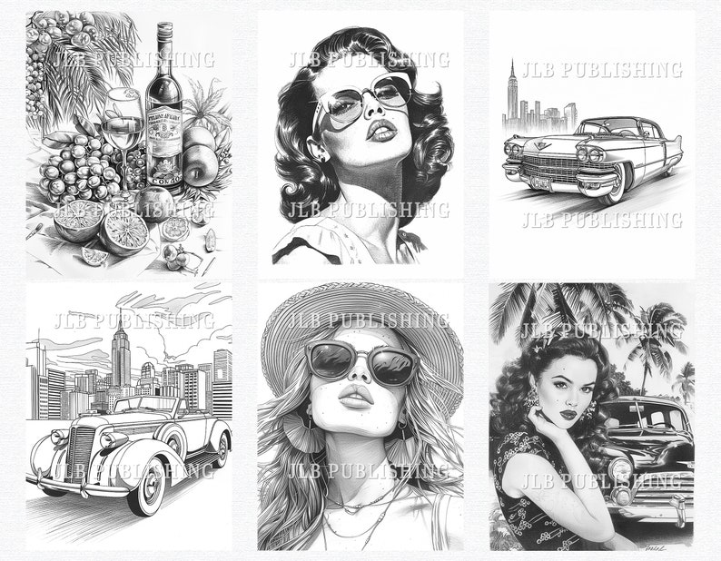 40 Grayscale Retro Americana Coloring Pages | Adult Coloring Book ...