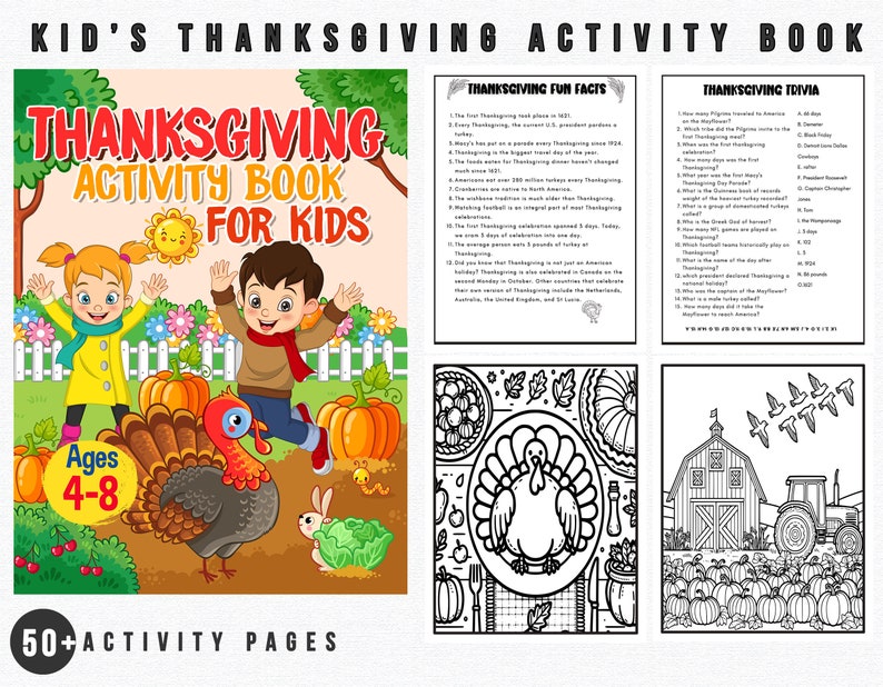 50 Thanksgiving Activity Pages Kid Coloring Book Download Printable ...