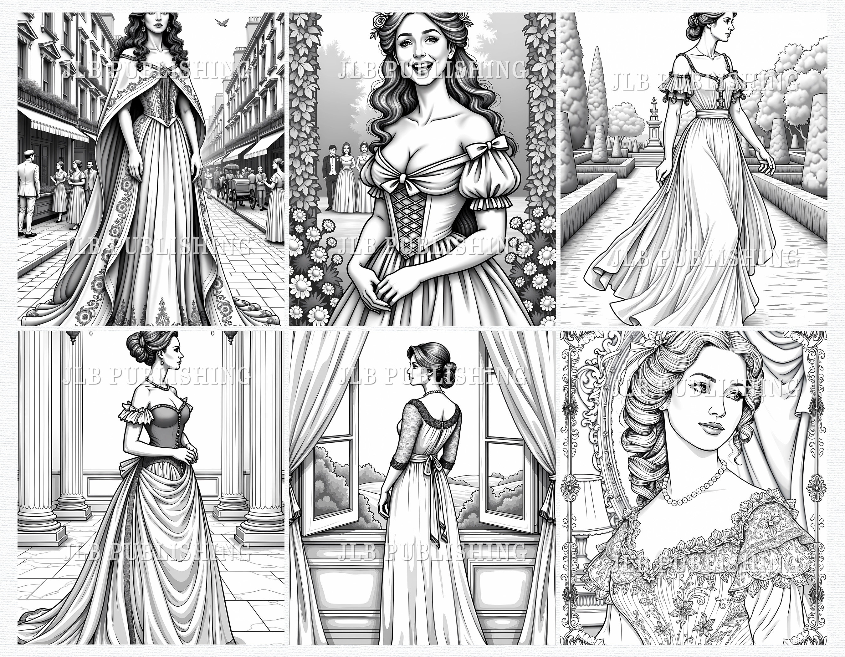 40 Grayscale Regency Elegance Coloring Pages | Adult Coloring Book ...