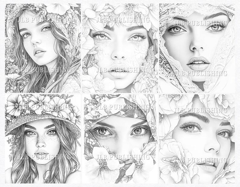40 Beautiful Faces Set 1 Coloring Pages | Adult Coloring Book ...