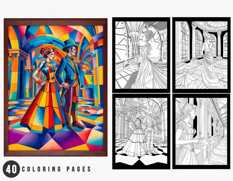 40 Ballet Cubism Grayscale Coloring Pages Adult Kid Coloring Book ...