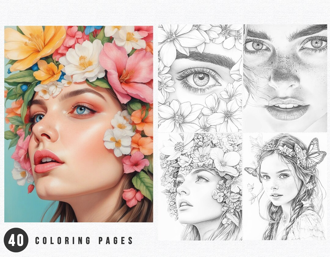 40 Beautiful Faces Set 1 Coloring Pages | Adult Coloring Book ...