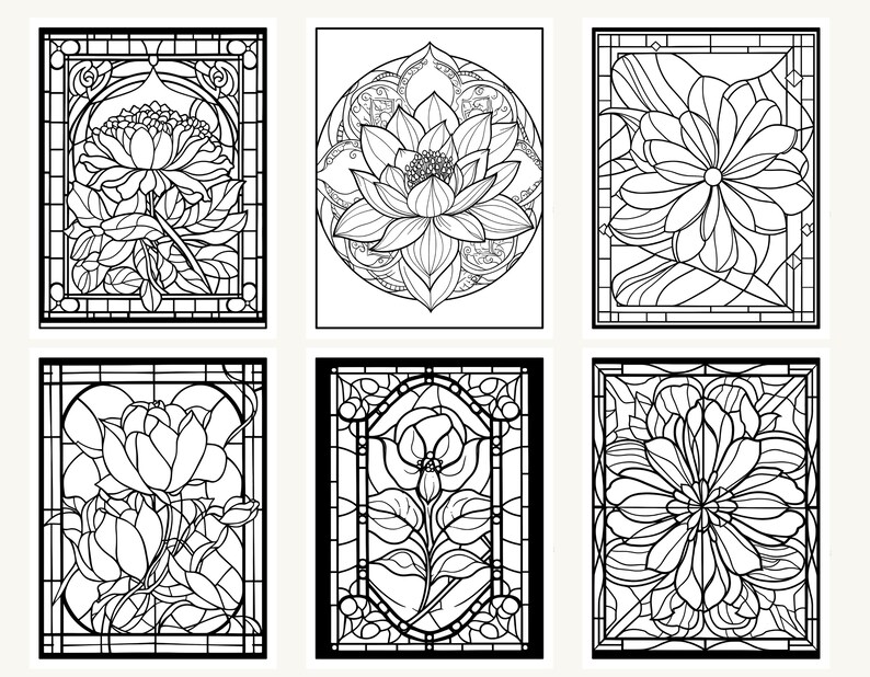 20 Stain Glass Flowers Set 4 Coloring Pages Adult Coloring Book ...