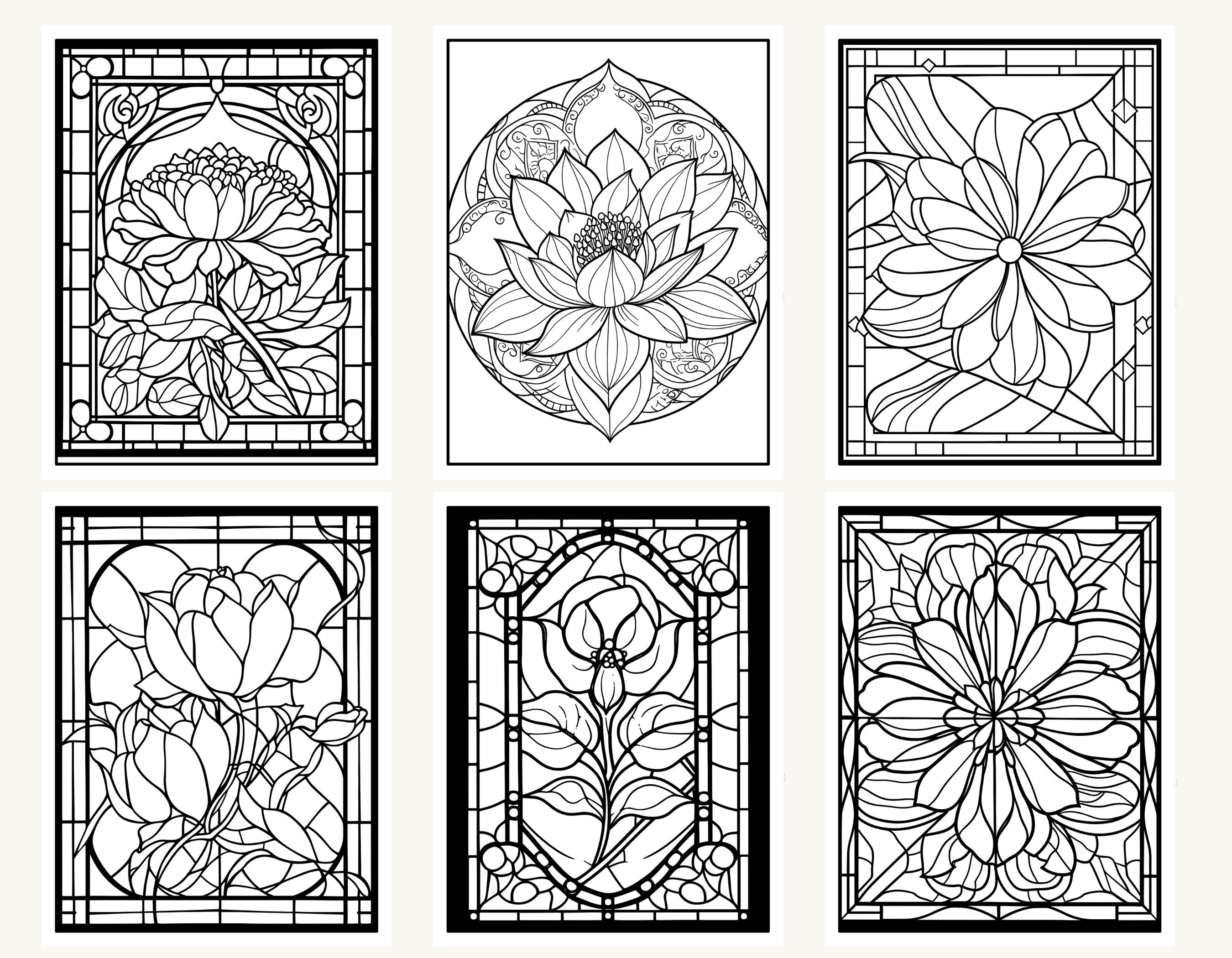 20 Stain Glass Flowers Set 4 Coloring Pages Adult Coloring Book ...
