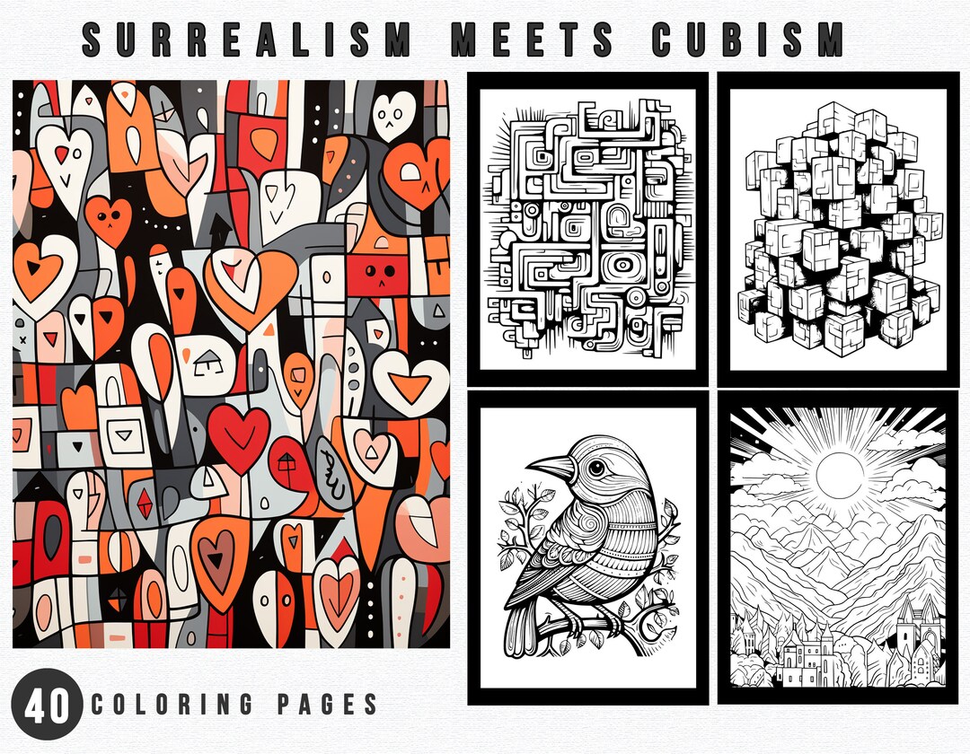 40 Surrealism Meets Cubism Coloring Pages | Adult Kid Coloring Book ...