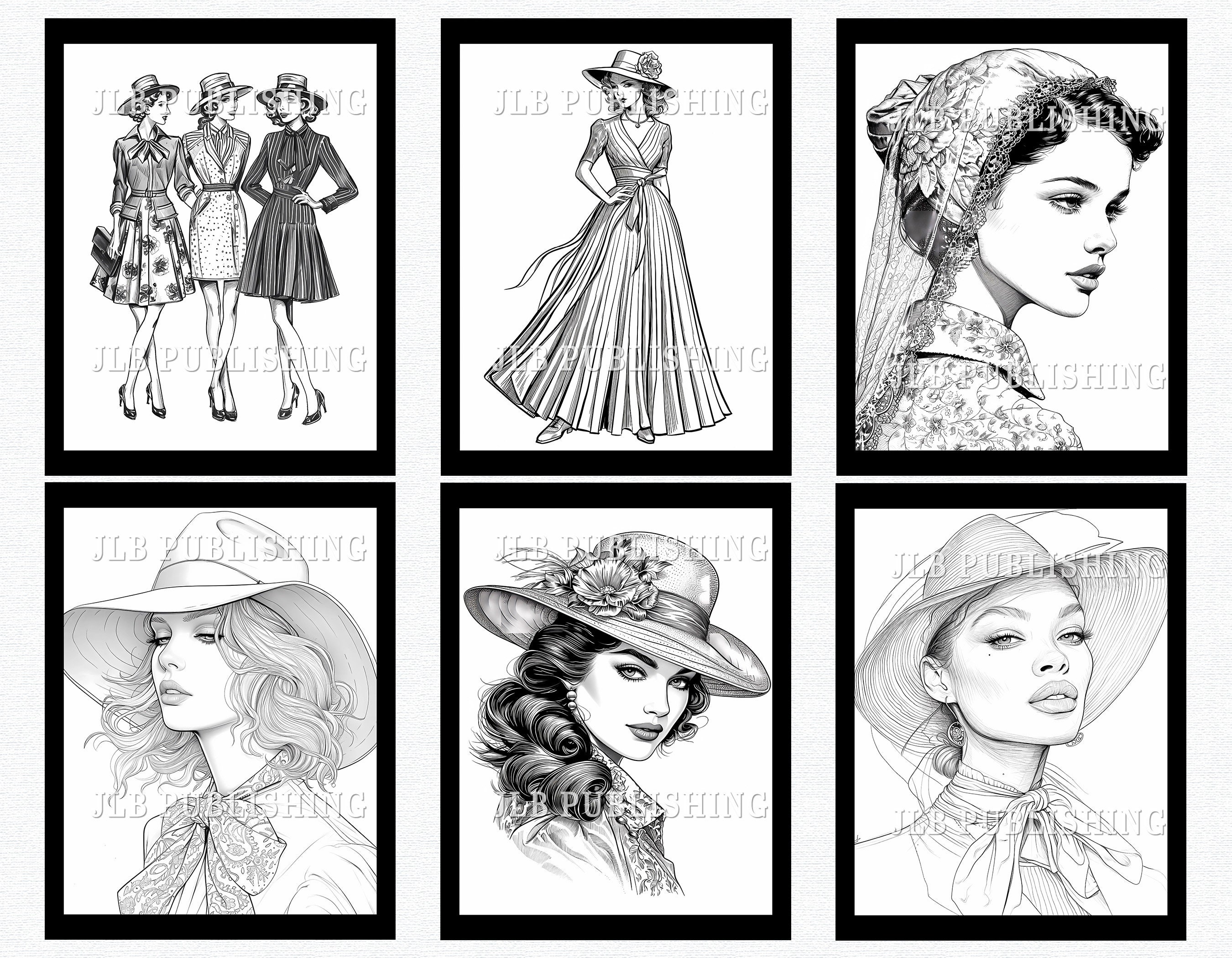 40 Fashion Flashback 1930s Grayscale Coloring Pages Adult Coloring Book ...