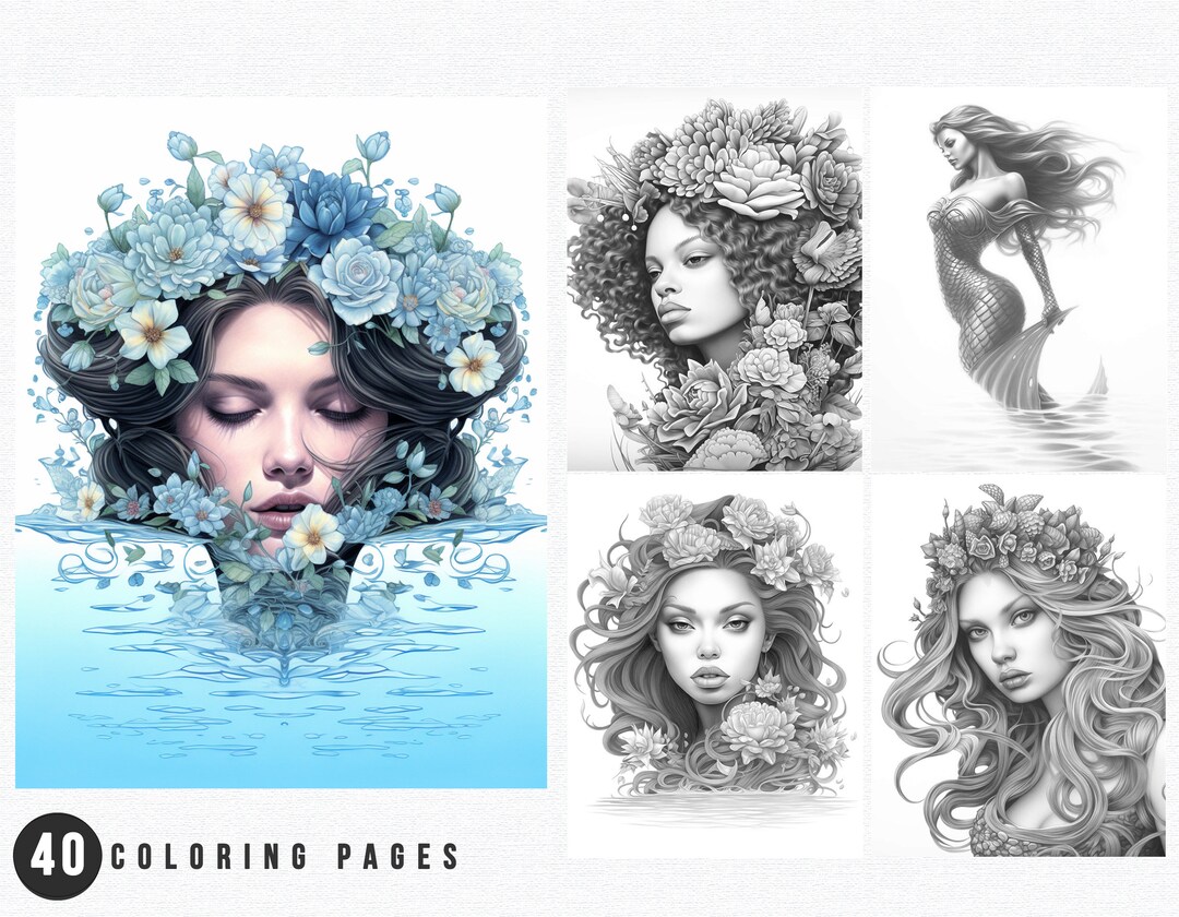 40 Grayscale Beautiful Sea Goddess Coloring Pages Adult Coloring Book ...