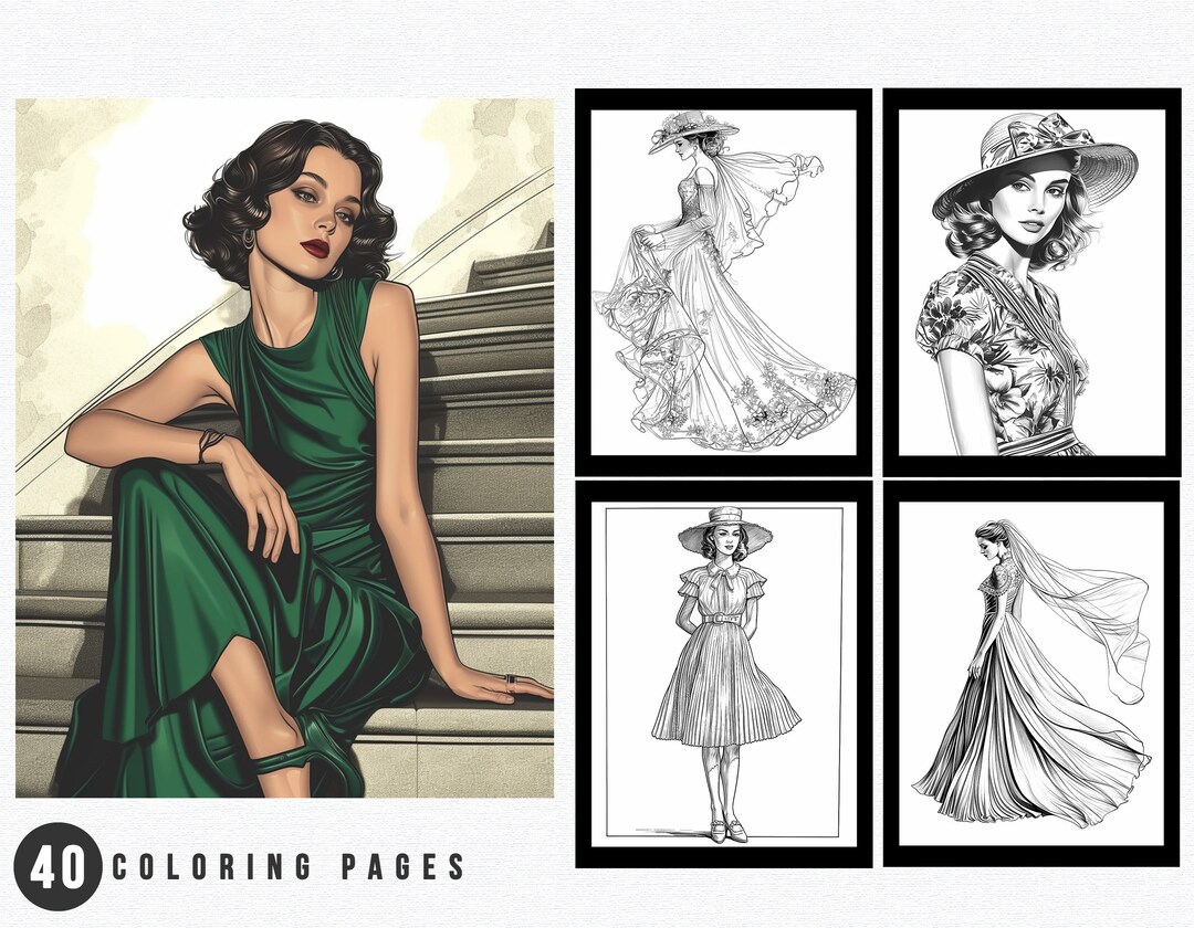 40 Fashion Flashback 1930s Grayscale Coloring Pages | Adult Coloring ...