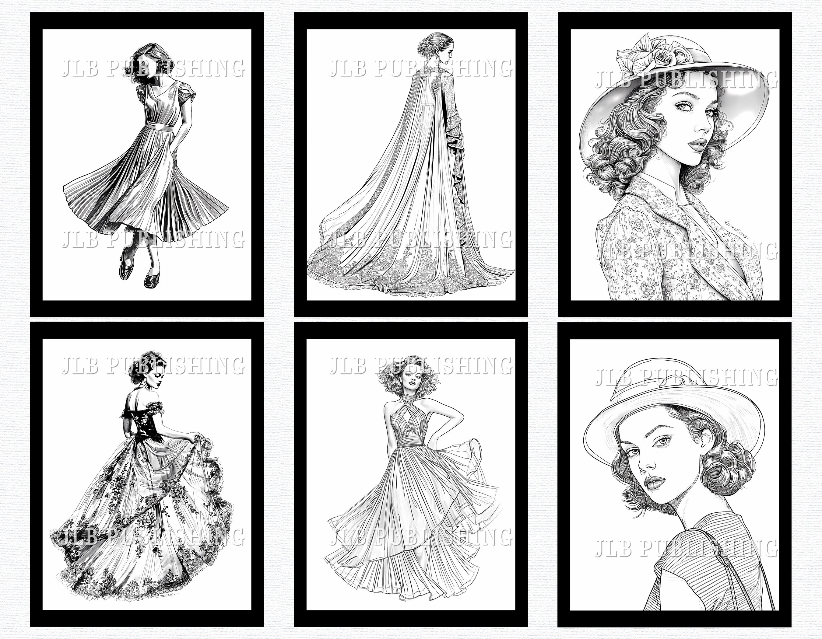 40 Fashion Flashback 1930s Grayscale Coloring Pages Adult Coloring Book ...
