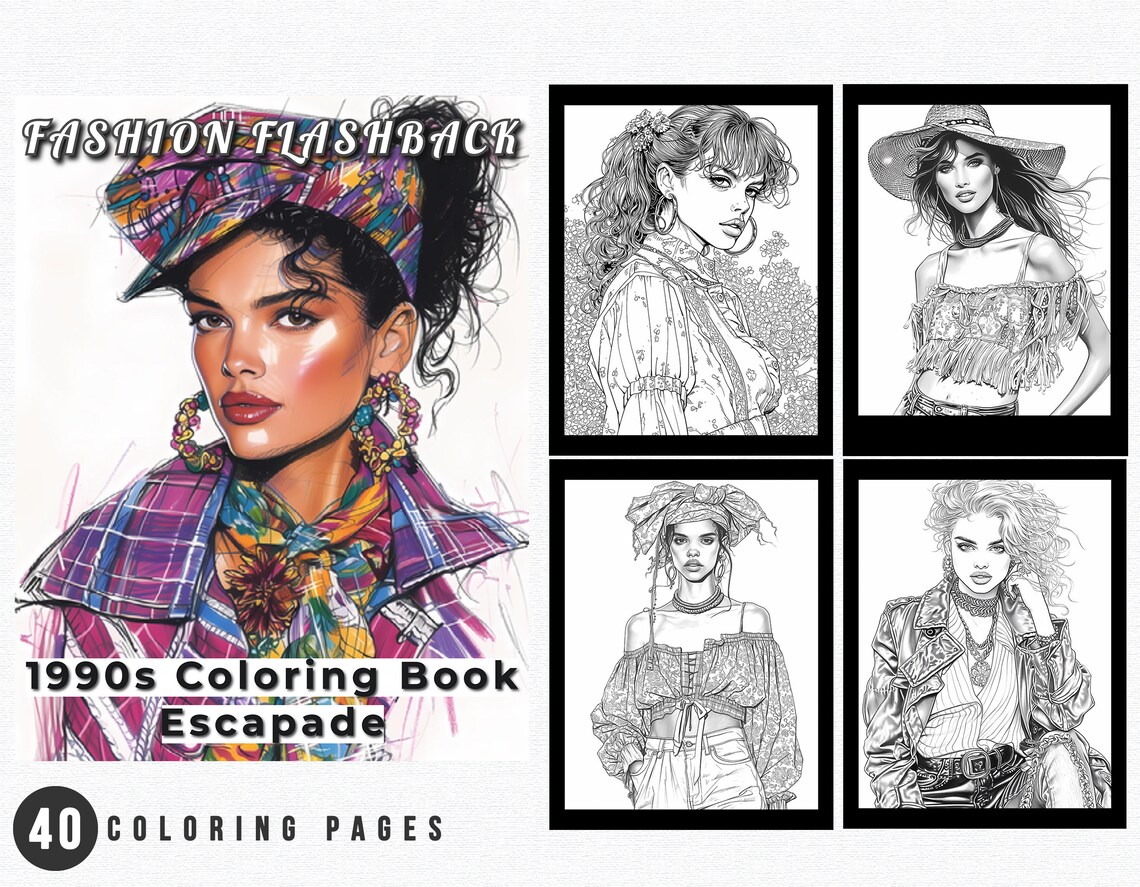 40 Fashion Flashback 1990s Grayscale Coloring Pages | Adult Coloring ...