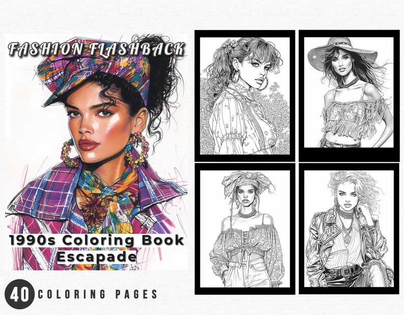 1990s Fashion Coloring Book | Grayscale Adult Coloring Pages (PDF) - Etsy