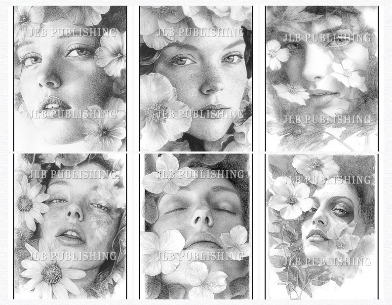 Beautiful Faces Grayscale Coloring Pages Adult Kid Coloring Book ...