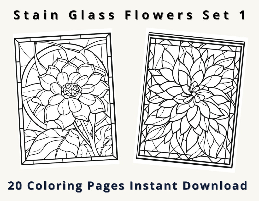 20 Stain Glass Flowers Set 1 Coloring Pages Adult Coloring Book ...