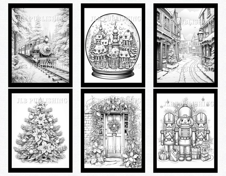 50 Grayscale Vintage Christmas Coloring Pages Adult Coloring Book ...