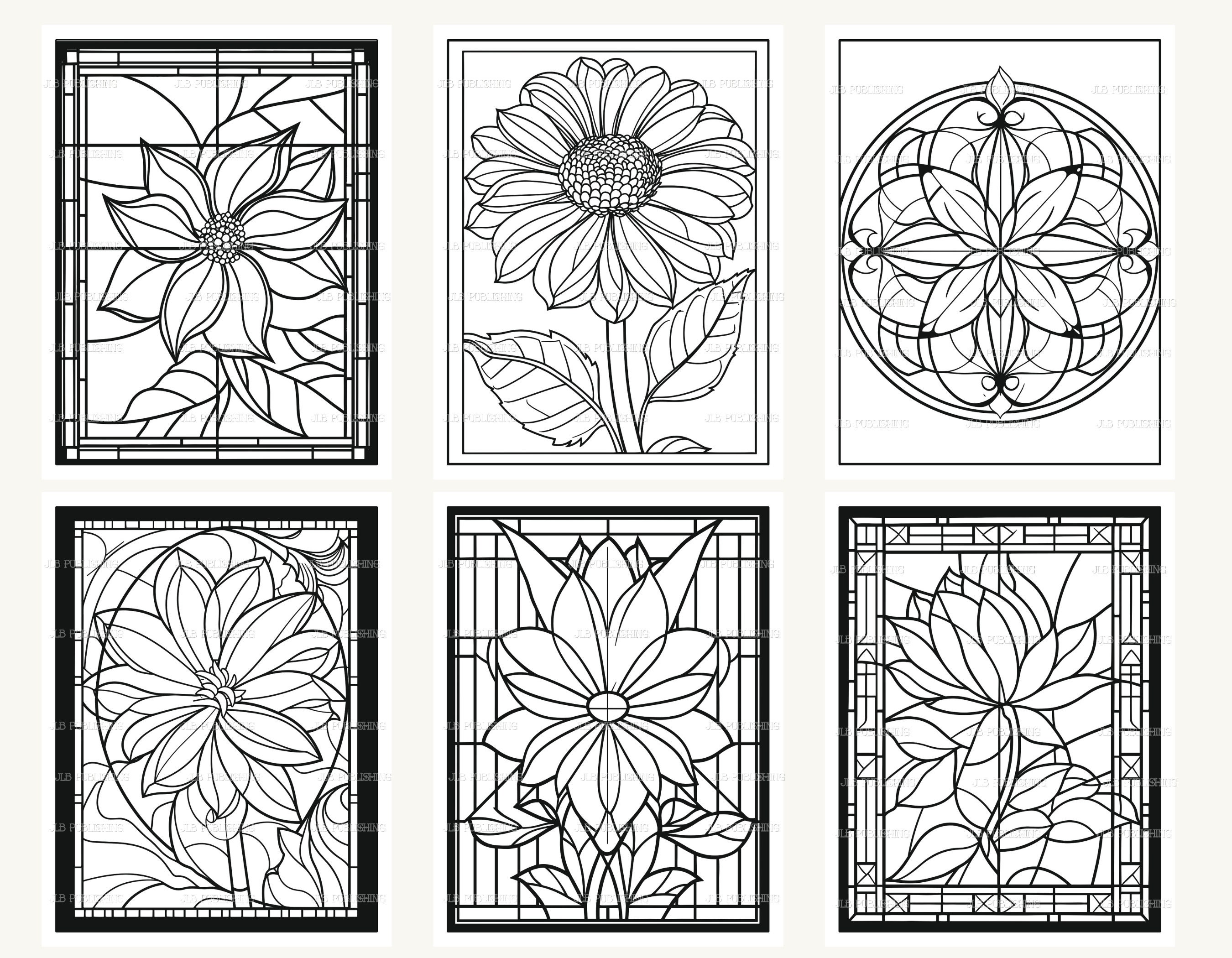 20 Stain Glass Flowers Set 1 Coloring Pages Adult Coloring Book ...