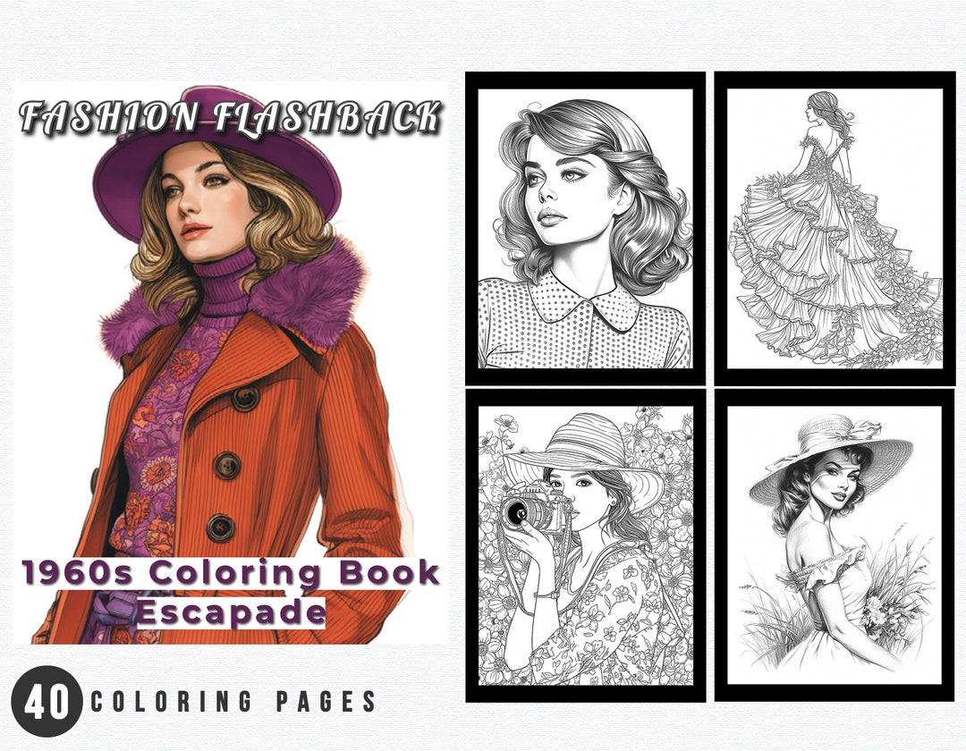 1960s Fashion Coloring Pages | Grayscale Adult Coloring Book (PDF) - Etsy