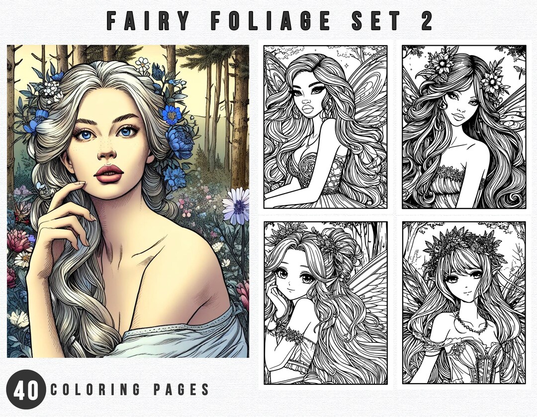 40 Fairy Foliage Coloring Pages Set 2 | Adult Coloring Book Download ...