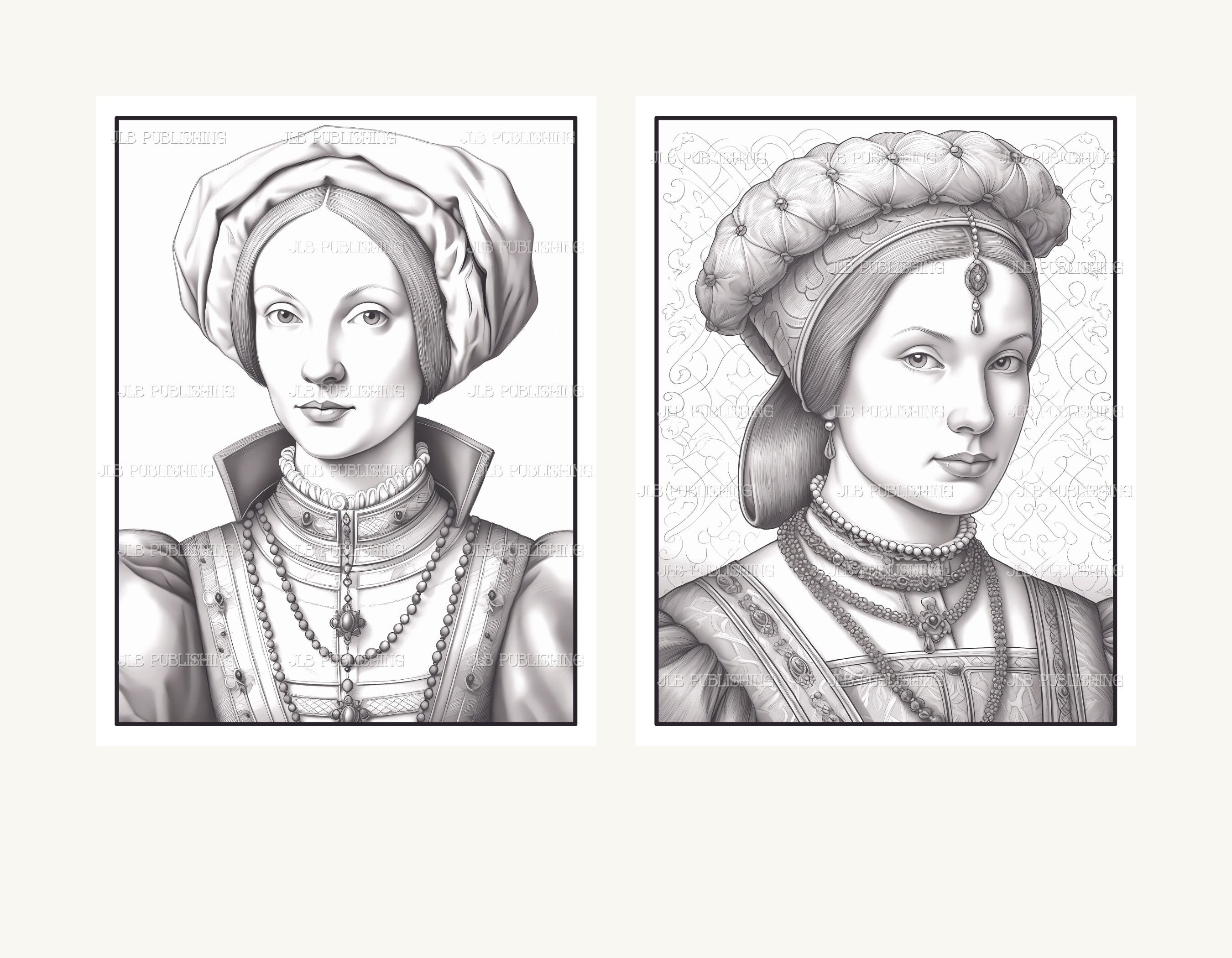 50 Tudor Portraits Greyscale Coloring Pages Adult Coloring Book ...