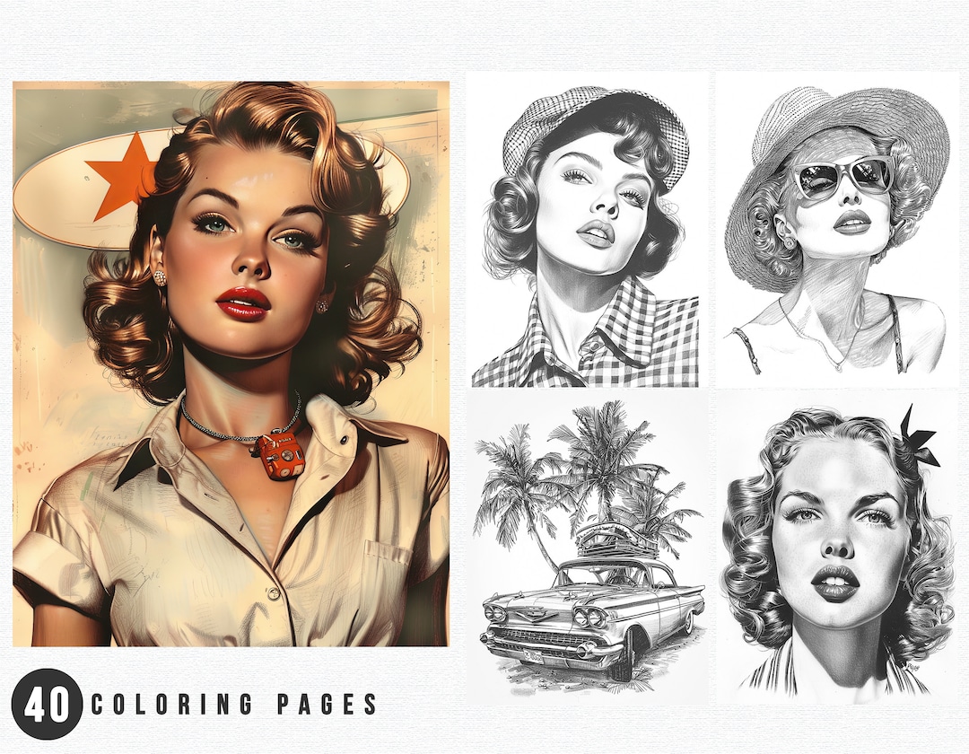40 Grayscale Retro Americana Coloring Pages | Adult Coloring Book ...