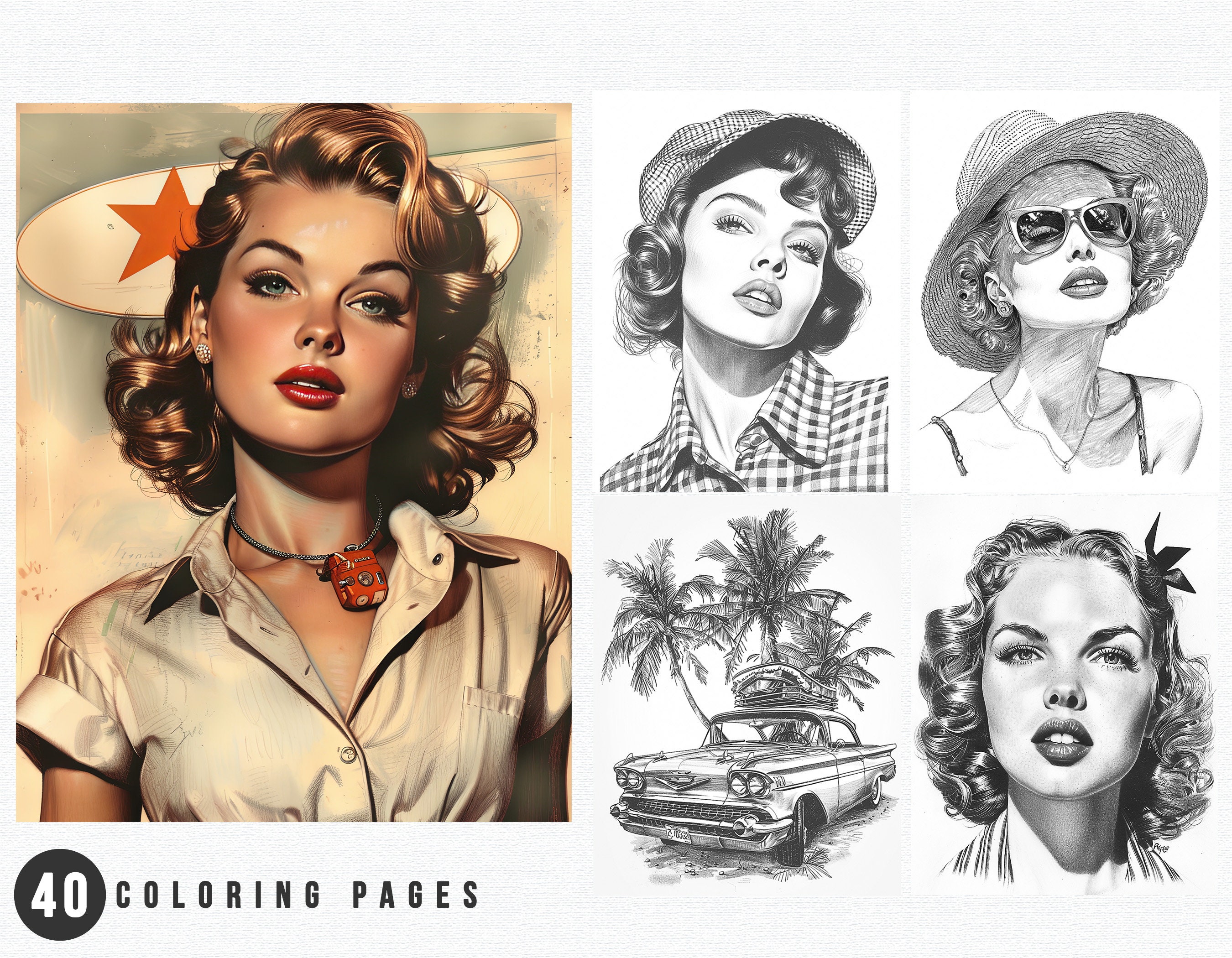 40 Grayscale Retro Americana Coloring Pages Adult Coloring Book ...