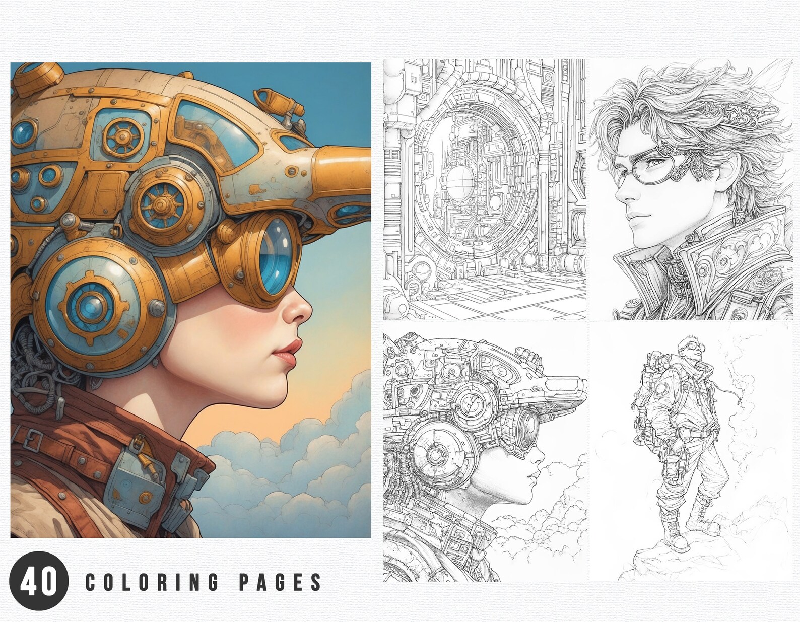 40 Grayscale Aetherpunk Coloring Pages Adult Coloring Book Printable ...