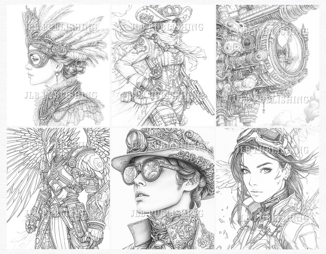 40 Grayscale Aetherpunk Coloring Pages Adult Coloring Book Printable ...