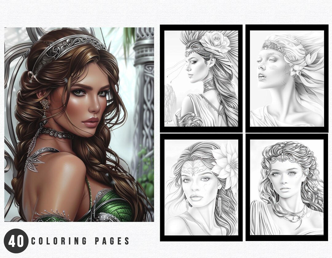 40 Ethereal Beauties Grayscale Coloring Pages| Adult Kid Coloring Book ...