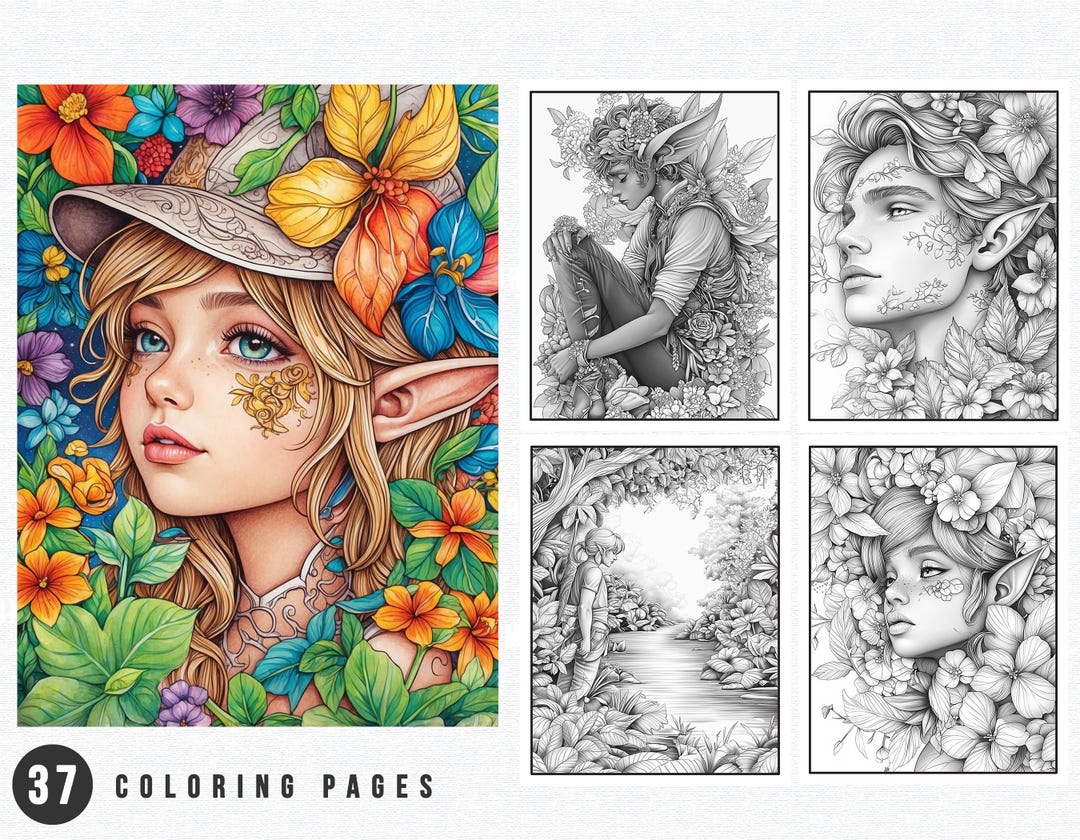 40 Magical Elves in the Forest Grayscale Coloring Pages | Adult Kid ...