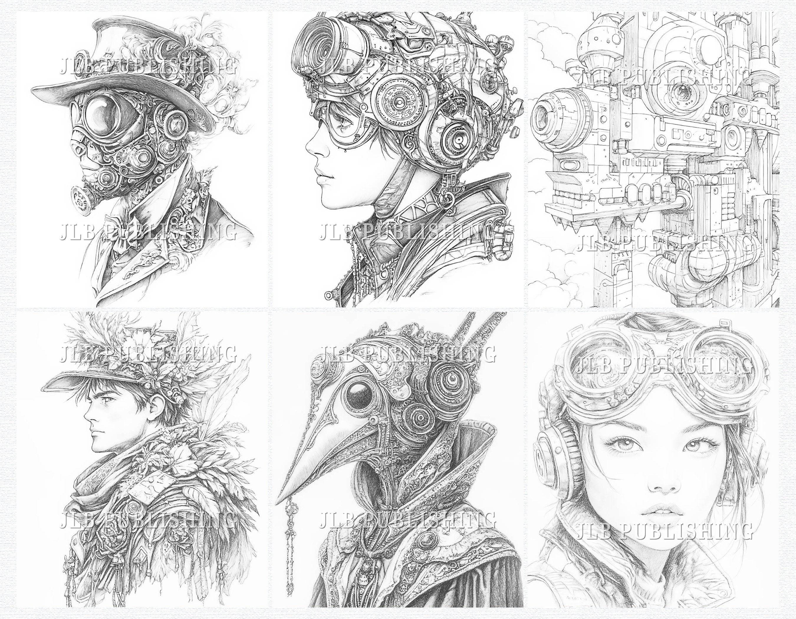 40 Grayscale Aetherpunk Coloring Pages Adult Coloring Book Printable ...