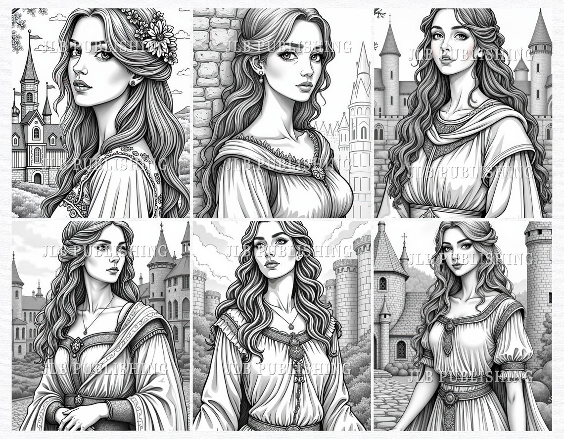 40 Grayscale Medieval Beauties Coloring Pages | Adult Coloring Book ...