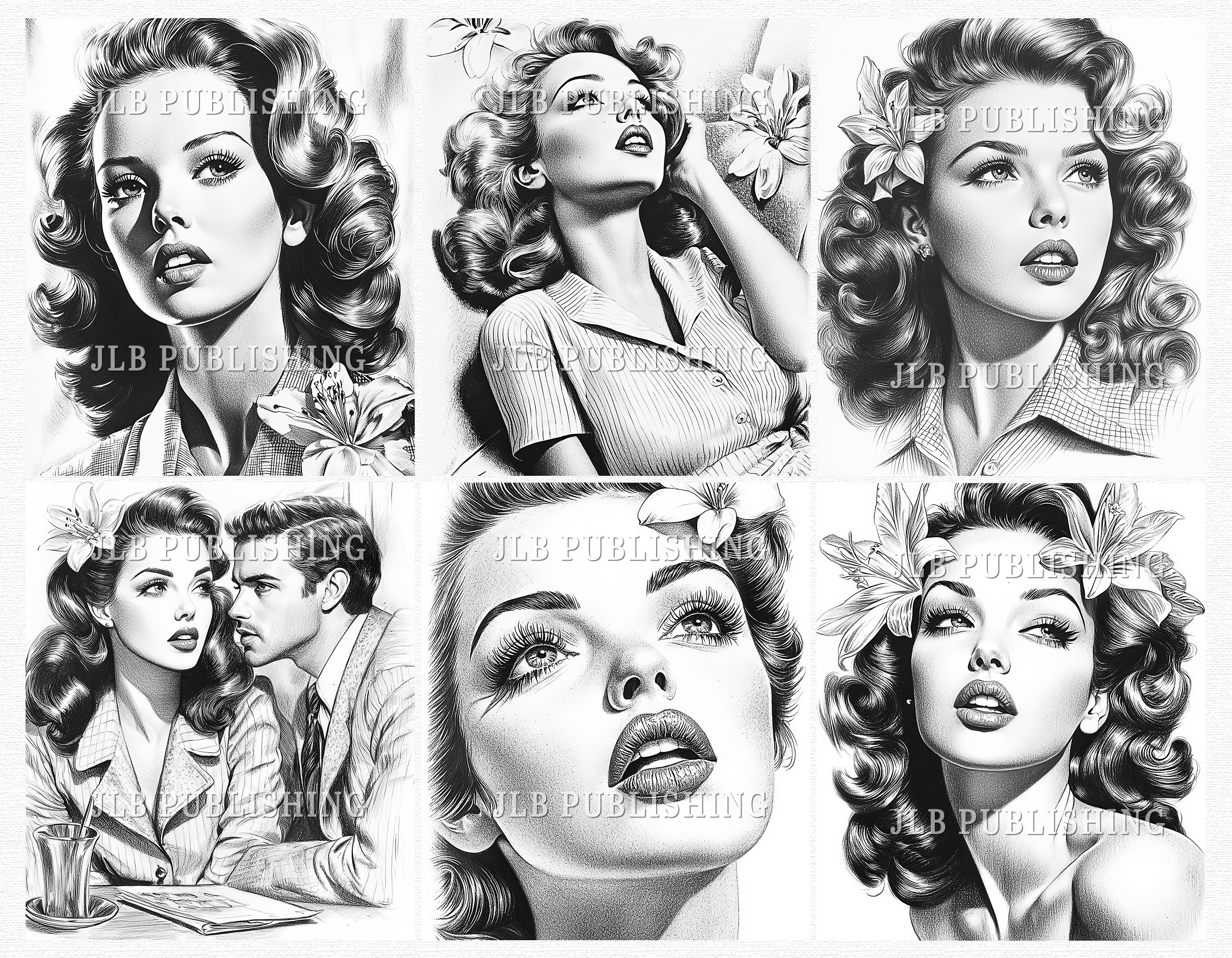 1940s Fashion Glamour Coloring Pages Adult Kid Coloring Book Download ...