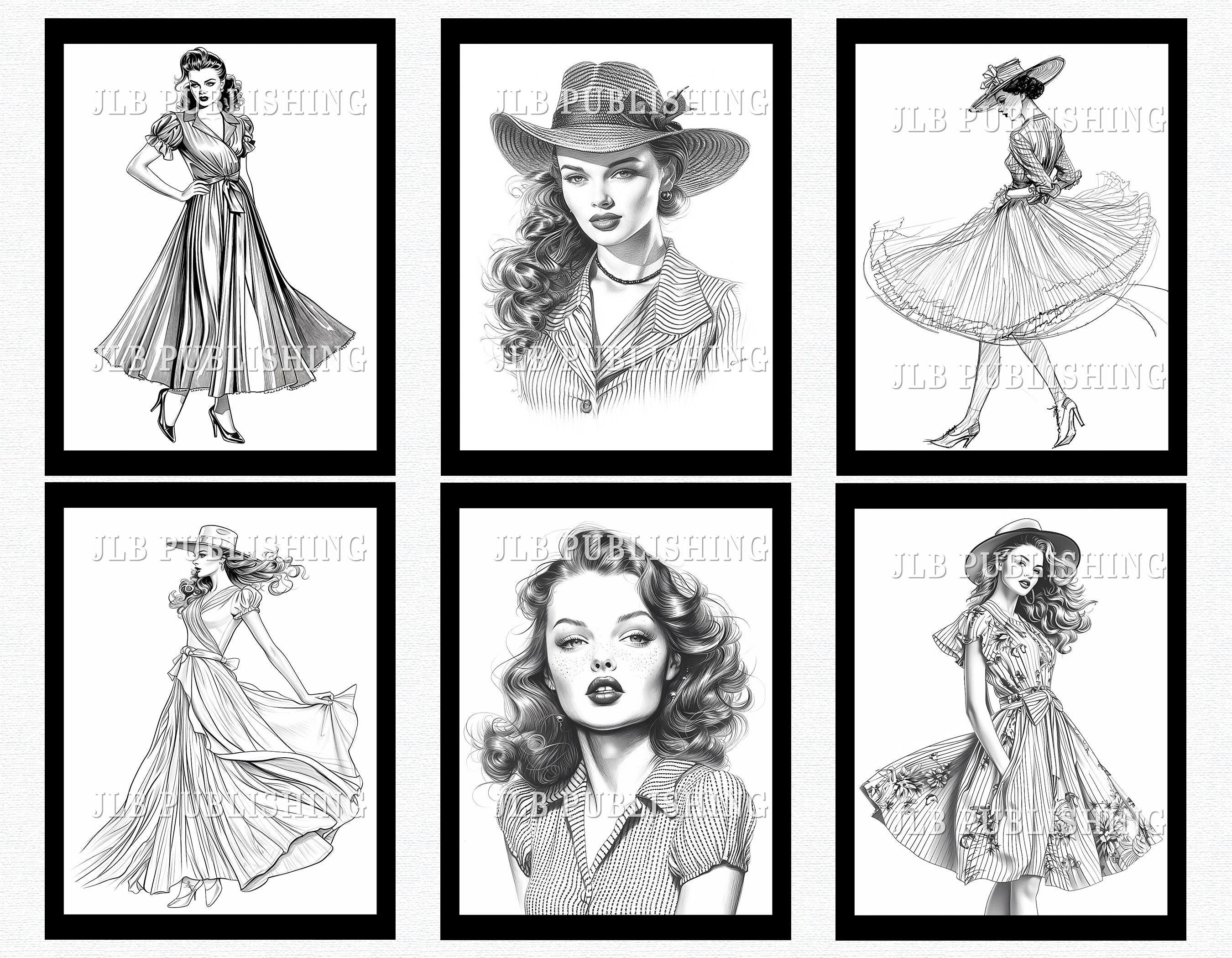 40 Fashion Flashback 1940s Grayscale Coloring Pages | Adult Coloring ...
