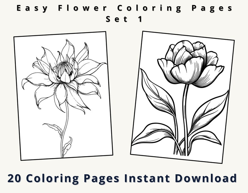 20 Simple Flower Coloring Pages Set 1| Adult's Coloring Book Download ...