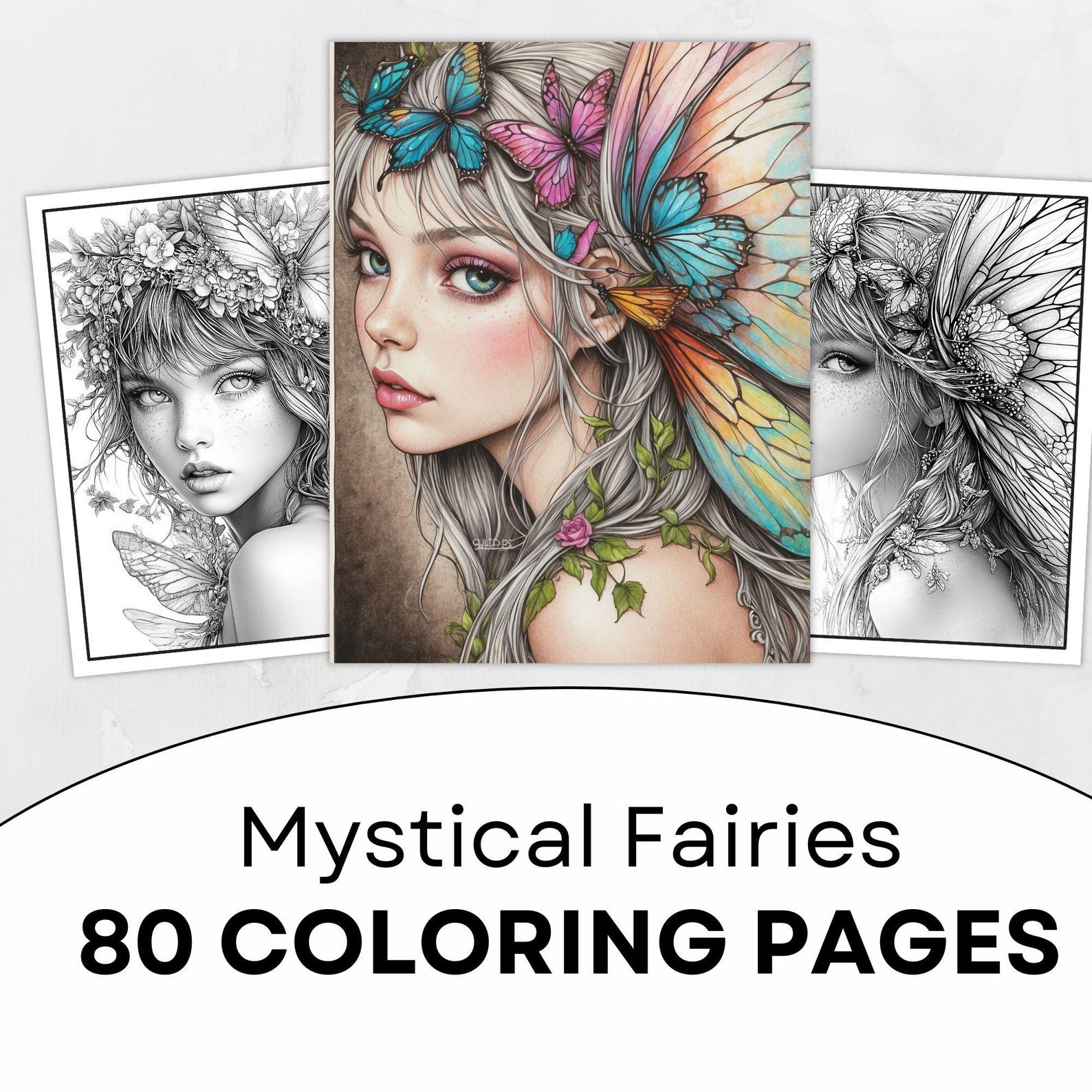 80 Mystical Fairies Grayscale Coloring Pages, Printable Relaxing ...