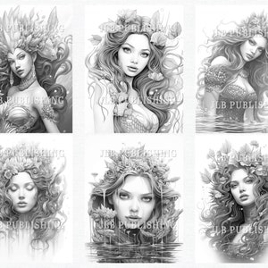 40 Grayscale Beautiful Sea Goddess Coloring Pages Adult Coloring Book ...