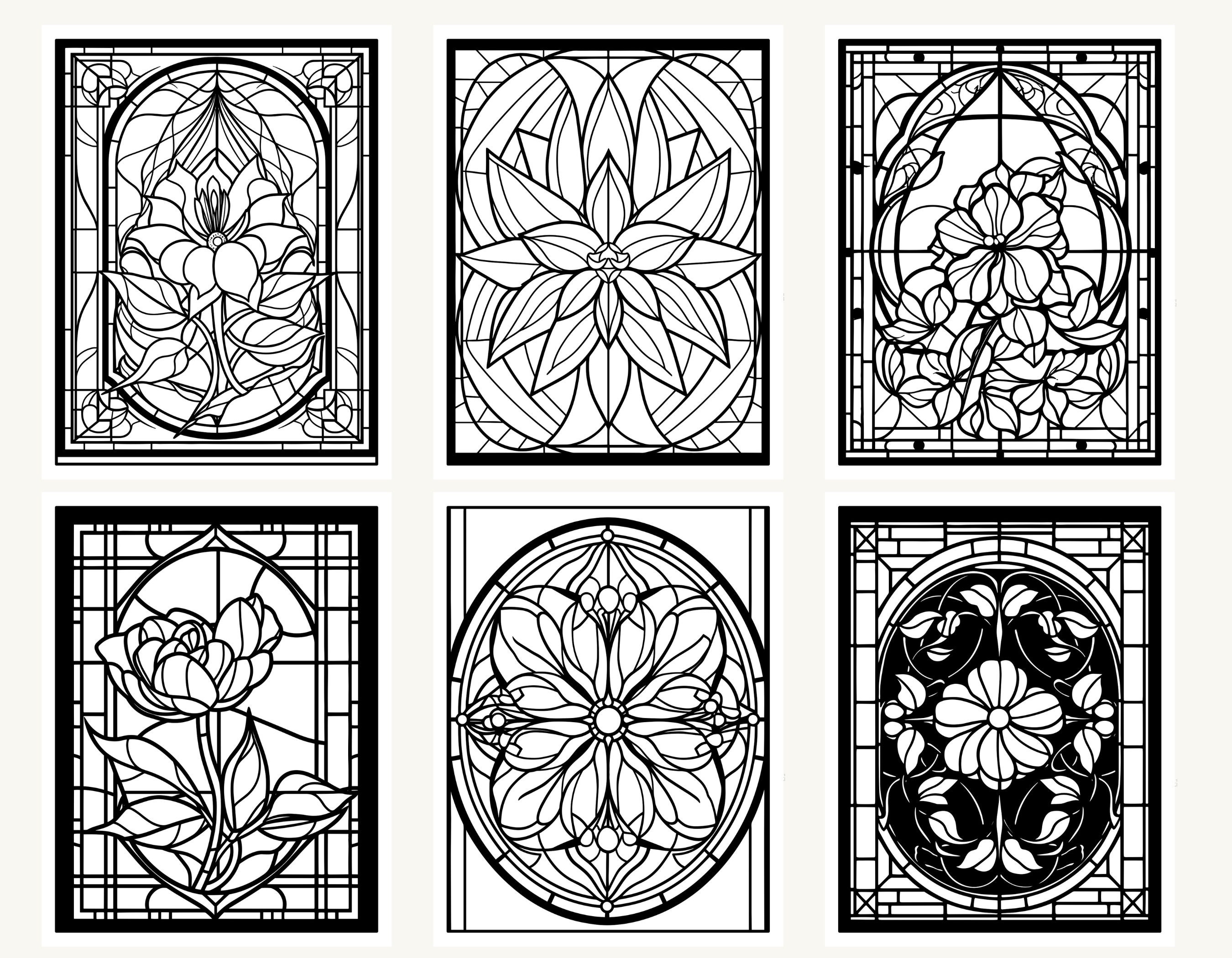 20 Stain Glass Flowers Set 4 Coloring Pages Adult Coloring Book ...