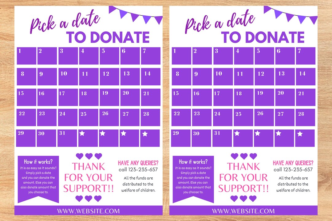 Pick a Date to Donate FLYER CANVA| Purple Fundraiser Calendar Flyer ...