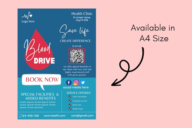 Blood Drive FLYER CANVA| A4 Flyer Template | Blood Donation Flyer ...