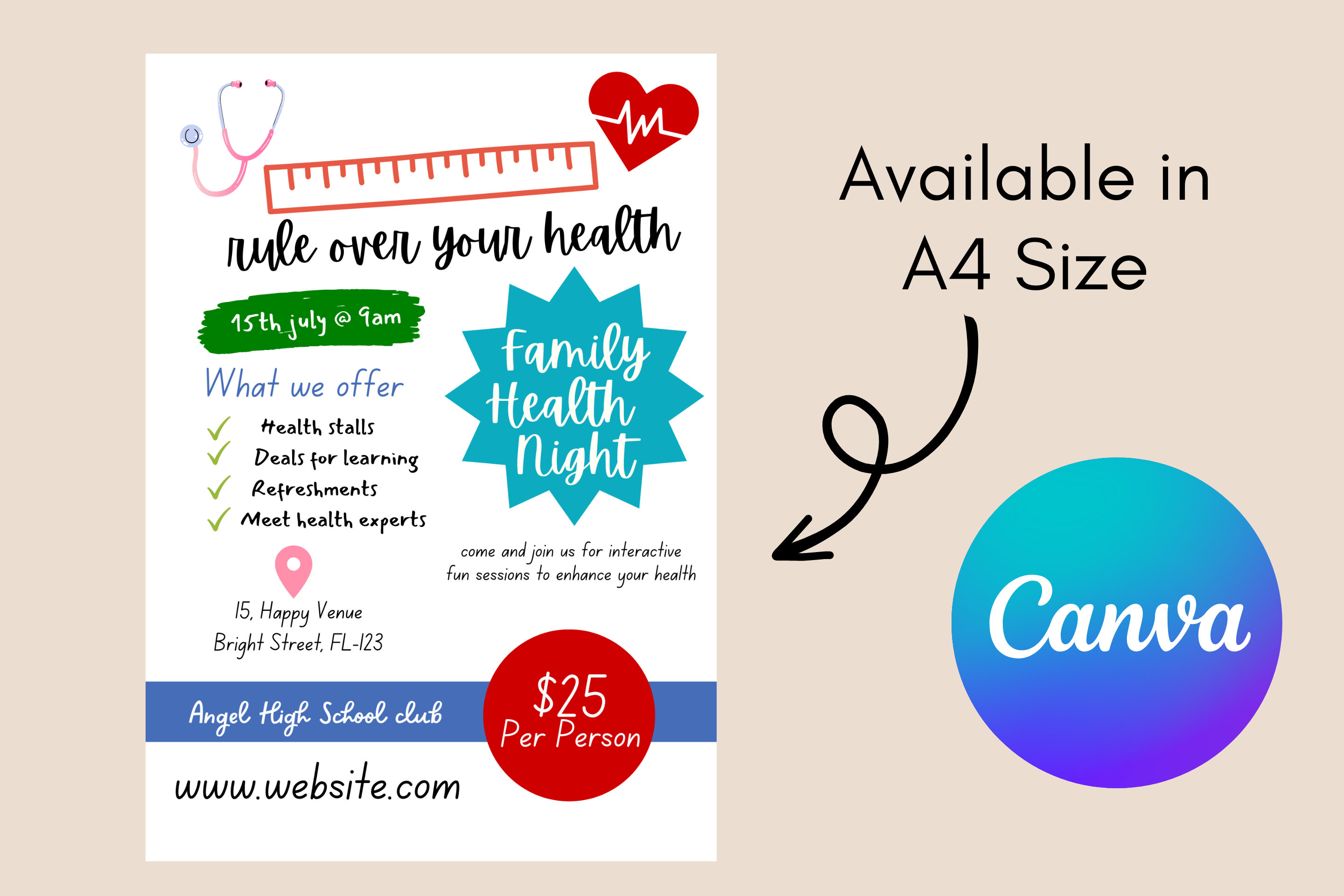 Health Fair FLYER CANVA| A4 Flyer Template | School Health Night ...