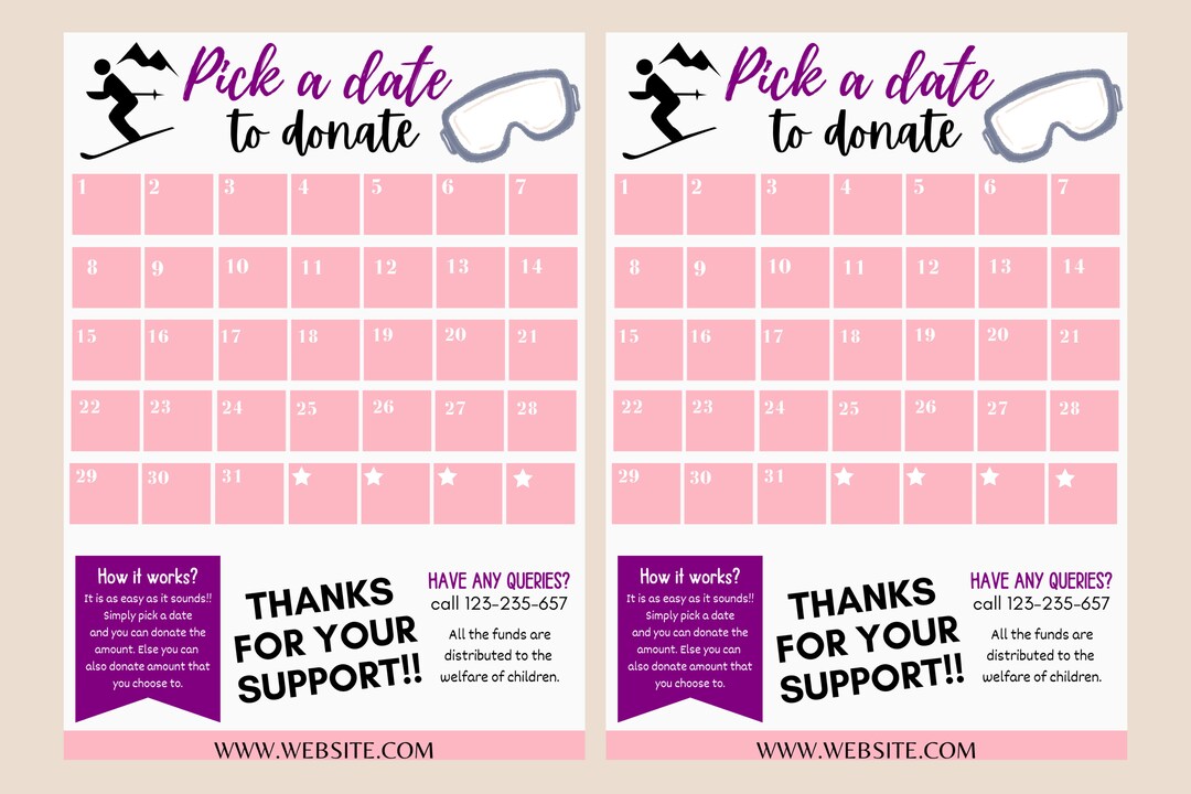 Editable Pick a Date to Donate FLYER CANVA Skiing Fundraiser Calendar ...