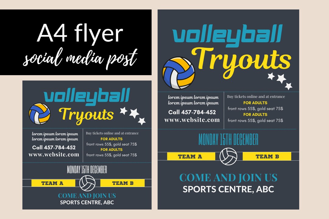 Volleyball Tryout FLYER CANVA| A4 Flyer Template|social Media|sports ...