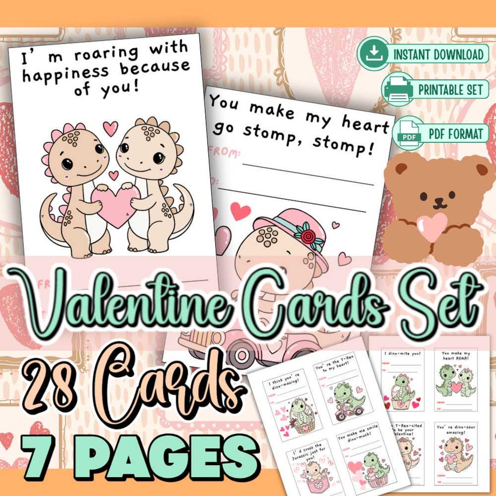 Valentine Cards - Dinosaur - Kids Printable Set - PDF Download - Etsy