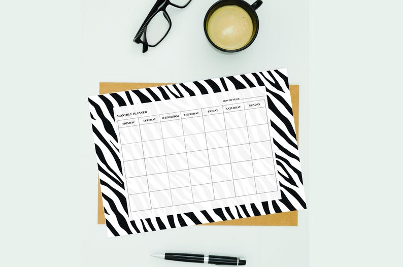 Zebra Print Monthly Planner | Bold Calendar | A4, US Letter (PDF, JPG ...