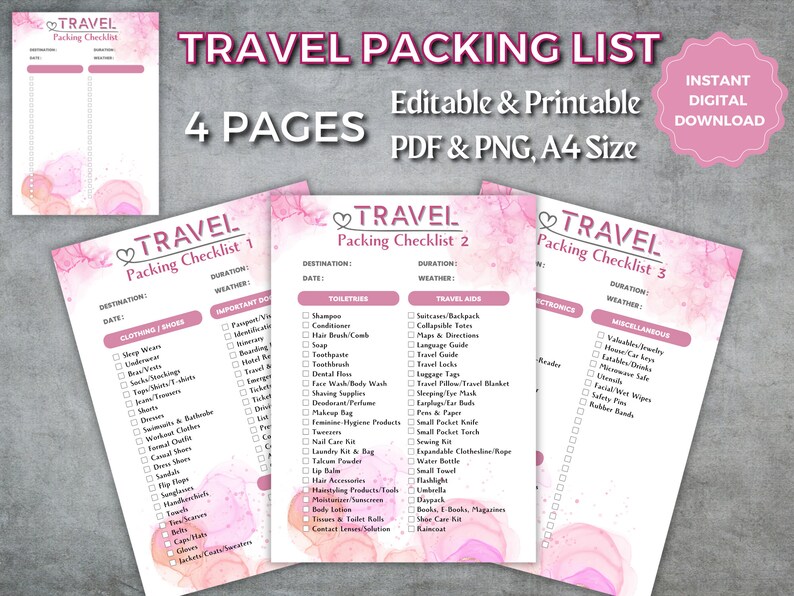 Packing List for Travel, Editable Checklist, Road Trip Vacation Planner ...