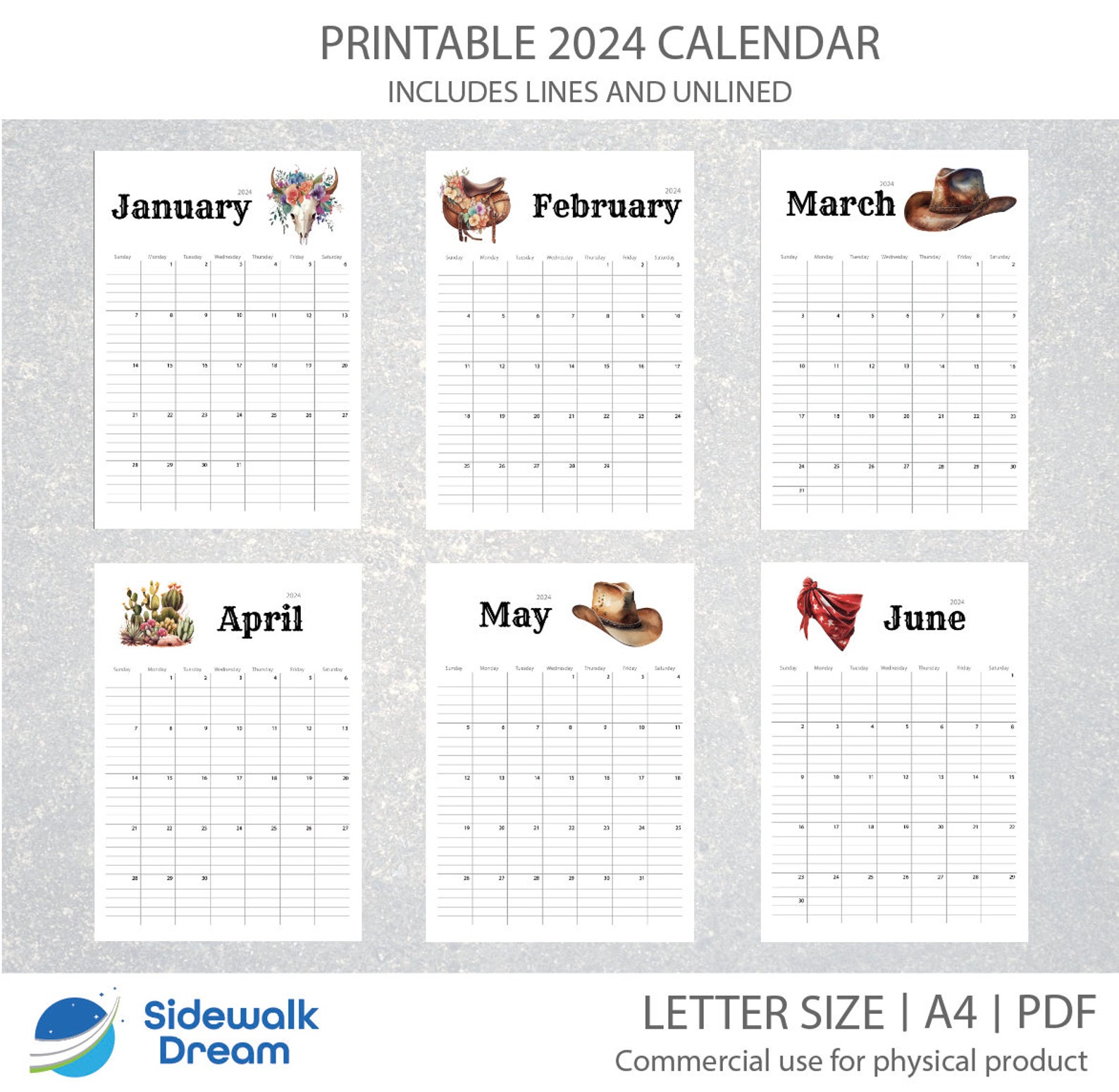 Printable Cowboy Calendar 2024 Western Wall Calendar Digital Calendar ...