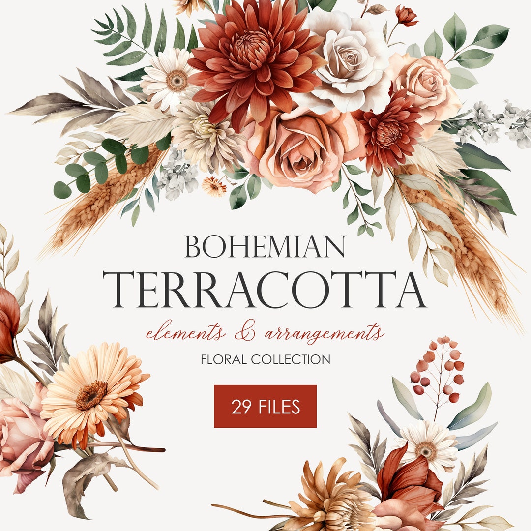 Terracotta Bohemian Clipart - Floral Watercolor Clipart - Autumn ...